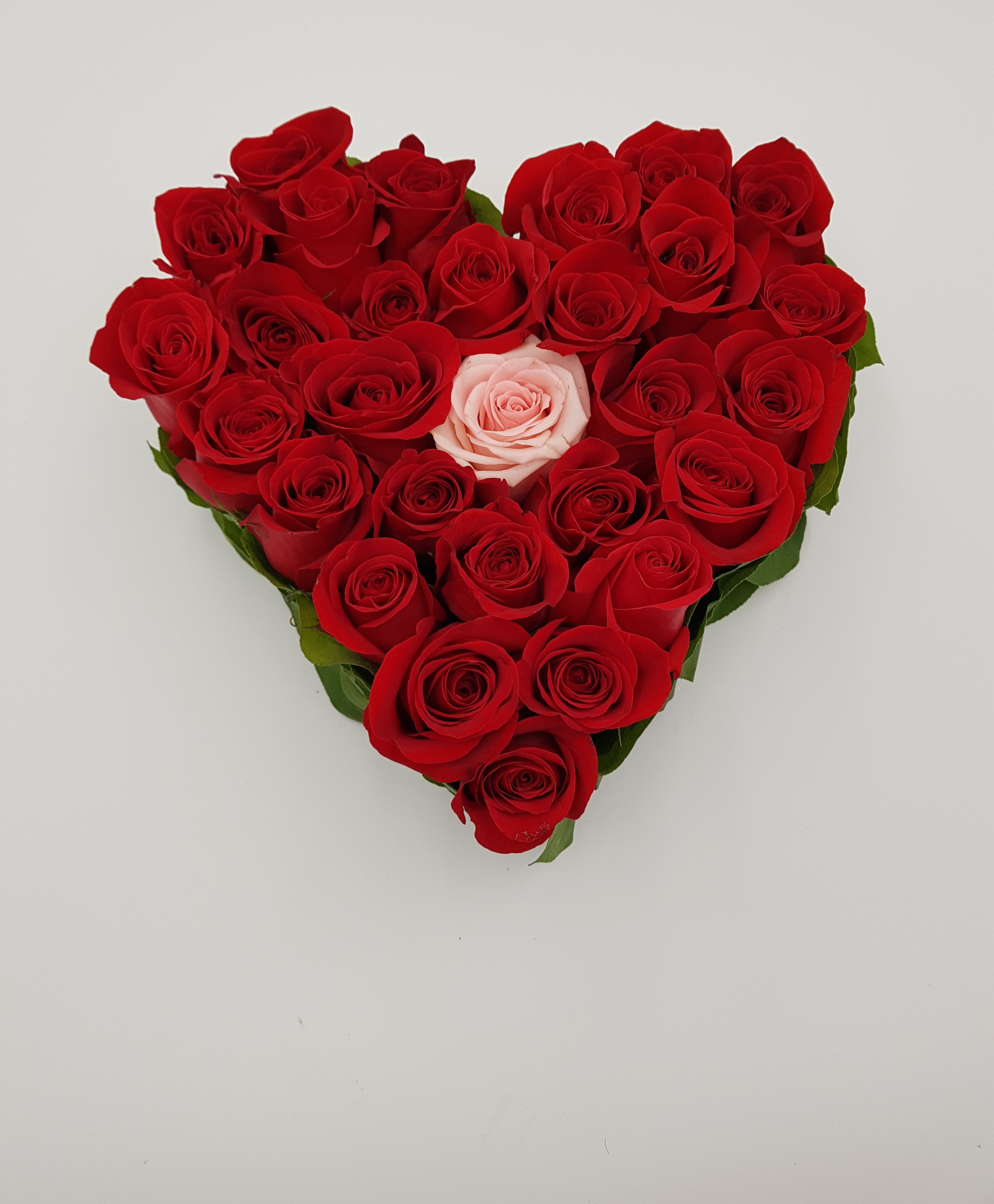 Inima din trandafiri rosii si un trandafir roz